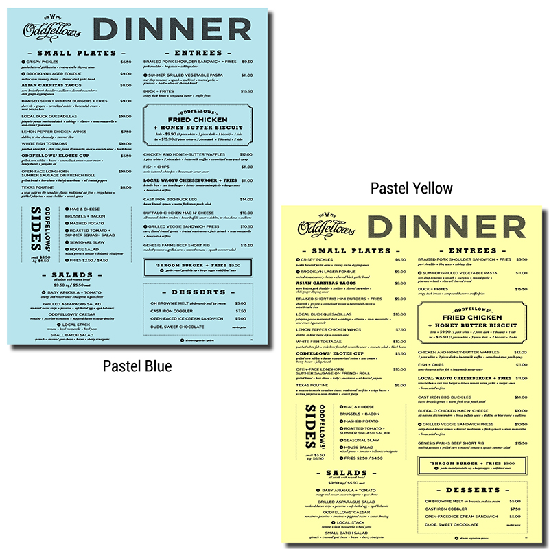 8.5 x 11 Colored Stock Disposable & Takeout Menus | Lehigh Print & Data